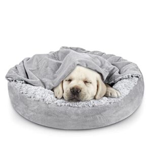 joejoy small dog bed cat bed with hooded blanket, cozy cuddler luxury orthopedic puppy pet bed, donut round calming anti-anxiety dog burrow cave bed – anti-slip bottom and machine washable 23 inch