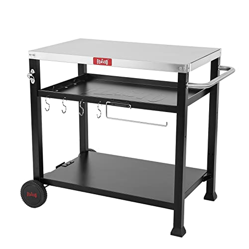 FEASTO Three-Shelf Movable Food Prep and Work Cart Table, Home and Outdoor Multifunctional Stainless Steel Table Top Worktable on Two Wheels, L39.5’’x W25.6’’x H33’’