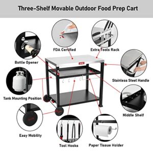 FEASTO Three-Shelf Movable Food Prep and Work Cart Table, Home and Outdoor Multifunctional Stainless Steel Table Top Worktable on Two Wheels, L39.5’’x W25.6’’x H33’’