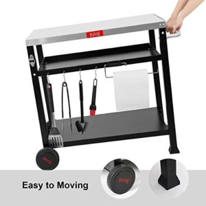 FEASTO Three-Shelf Movable Food Prep and Work Cart Table, Home and Outdoor Multifunctional Stainless Steel Table Top Worktable on Two Wheels, L39.5’’x W25.6’’x H33’’