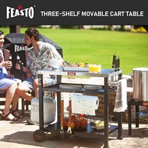 FEASTO Three-Shelf Movable Food Prep and Work Cart Table, Home and Outdoor Multifunctional Stainless Steel Table Top Worktable on Two Wheels, L39.5’’x W25.6’’x H33’’