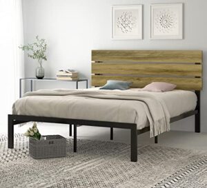 sha cerlin queen size bed frame, metal platform bed with wooden headboard and strong metal slats, mattress foundation, rustic country style, no box spring needed, light brown