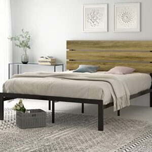 SHA CERLIN Queen Size Bed Frame, Metal Platform Bed with Wooden Headboard and Strong Metal Slats, Mattress Foundation, Rustic Country Style, No Box Spring Needed, Light Brown