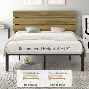 SHA CERLIN Queen Size Bed Frame, Metal Platform Bed with Wooden Headboard and Strong Metal Slats, Mattress Foundation, Rustic Country Style, No Box Spring Needed, Light Brown