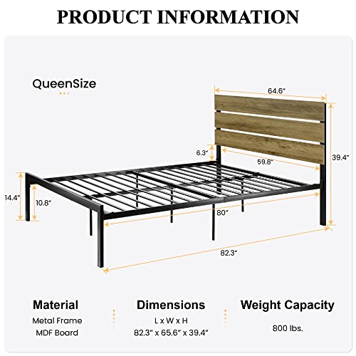 SHA CERLIN Queen Size Bed Frame, Metal Platform Bed with Wooden Headboard and Strong Metal Slats, Mattress Foundation, Rustic Country Style, No Box Spring Needed, Light Brown