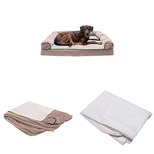 Furhaven Pet Bundle - Jumbo Plus Cream Memory Foam Faux Fleece & Chenille Sofa, Extra Dog Bed Cover, & Water-Resistant Mattress Liner for Dogs & Cats