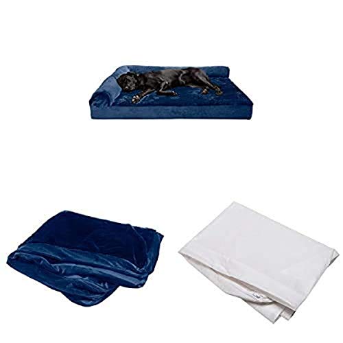 Furhaven Pet Bundle - Jumbo Plus Deep Sapphire Deluxe Cooling Gel Memory Foam Plush Faux Fur & Velvet L Shaped Chaise, Extra Dog Bed Cover, & Water-Resistant Mattress Liner for Dogs & Cats