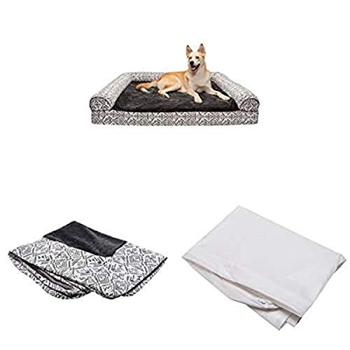 Furhaven Pet Bundle - Jumbo Plus Boulder Gray Memory Foam Plush Kilim Southwest Home Decor Sofa, Extra Dog Bed Cover, & Water-Resistant Mattress Liner for Dogs & Cats