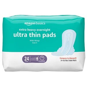 amazon basics ultra thin pads with flexi-wings for periods, extra heavy overnight absorbency, unscented, size 5, 24 count, 1 pack (previously solimo)