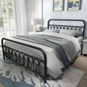 YALAXON Vintage Sturdy Queen Size Metal Bed Frame with Headboard and Footboard Basic Bed Frame No Box Spring Needed (Queen,Black)