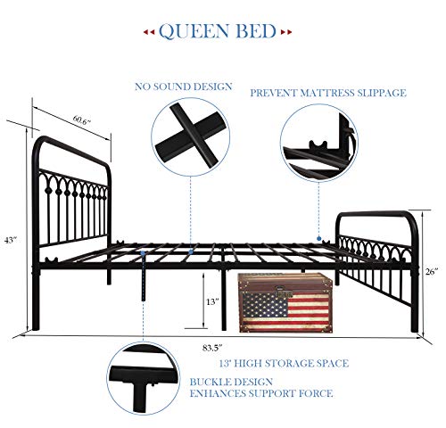 YALAXON Vintage Sturdy Queen Size Metal Bed Frame with Headboard and Footboard Basic Bed Frame No Box Spring Needed (Queen,Black)