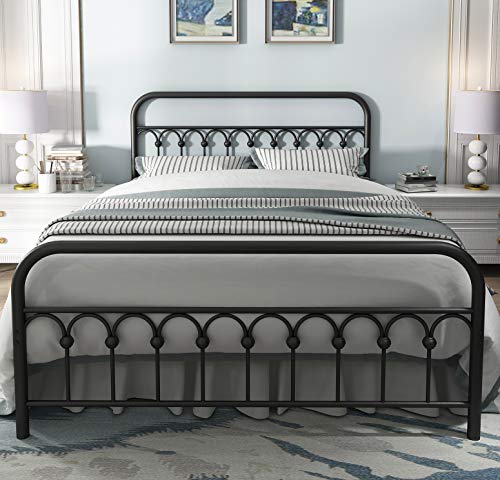 YALAXON Vintage Sturdy Queen Size Metal Bed Frame with Headboard and Footboard Basic Bed Frame No Box Spring Needed (Queen,Black)