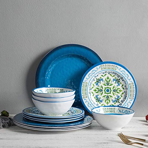 Melamine Dinnerware Sets for 4 - 12pcs Plates and Bowls Sets ,Unbreakable, Dishwasher Safe, Indoor Outdoor Use