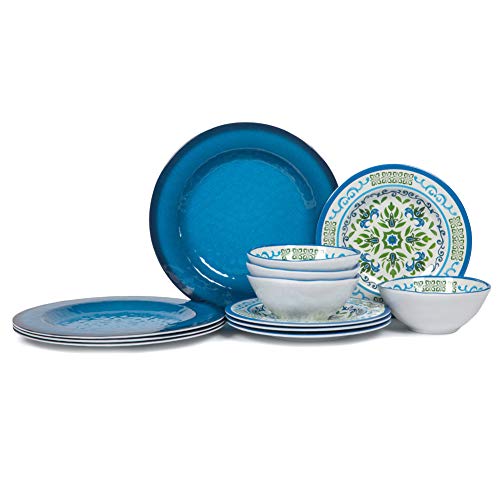 Melamine Dinnerware Sets for 4 - 12pcs Plates and Bowls Sets ,Unbreakable, Dishwasher Safe, Indoor Outdoor Use