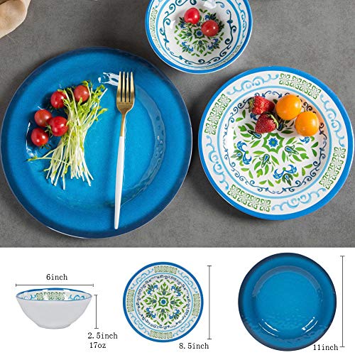 Melamine Dinnerware Sets for 4 - 12pcs Plates and Bowls Sets ,Unbreakable, Dishwasher Safe, Indoor Outdoor Use