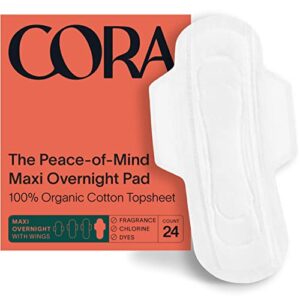 cora organic cotton topsheet maxi pads | ultra thin period pads with wings | maxi overnight absorbency | unscented, comfortable, powerfully absorbent, leak protection (24 count)