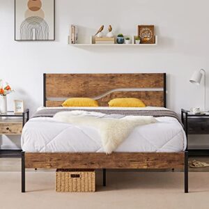 vecelo platform bed frame/mattress foundation queen size with rustic vintage wood headboard, strong metal slats support, no box spring needed