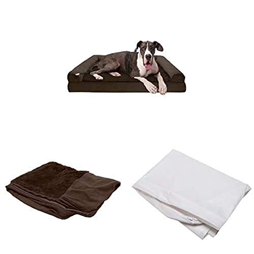 Furhaven Pet Bundle - Jumbo Plus Espresso Memory Foam Ultra Plush Faux Fur & Suede Sofa, Extra Dog Bed Cover, & Water-Resistant Mattress Liner for Dogs & Cats