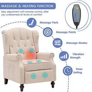 SAMERY Recliner Chair with Massage & Heating- Modern Accent Chair Upholstered Armchair Fabric Single Sofa Lounge Reading Club Chair with Tufted Wingback for Small Spaces Bedroom Living Room