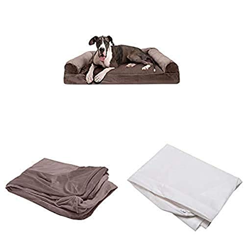 Furhaven Pet Bundle - Jumbo Plus Driftwood Brown Memory Foam Faux Fur & Velvet Sofa, Extra Dog Bed Cover, & Water-Resistant Mattress Liner for Dogs & Cats