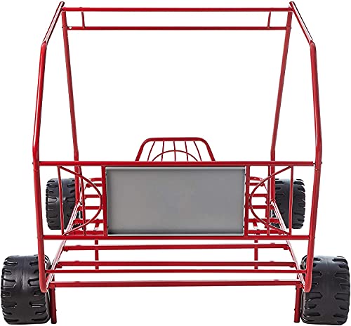 AOCHUANG Metal Twin Car Bed Gunmetal Go Kart Bed, Twin Size Bed Frame with A Racing Flag Decor Headboard/Metal Tube Slat Support/No Box Spring Needed (Red Go Kart)