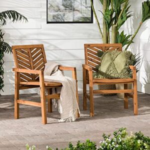 walker edison 2 piece outdoor patio chevron wood chair set all weather backyard conversation garden poolside balcony, set of 2, brown