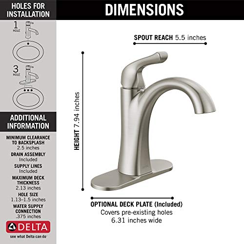 Delta Faucet Arvo Single Hole Bathroom Faucet Brushed Nickel, Single Handle Bathroom Faucet, Bathroom Sink Faucet, Drain Assembly Included, SpotShield Stainless 15840LF-SP