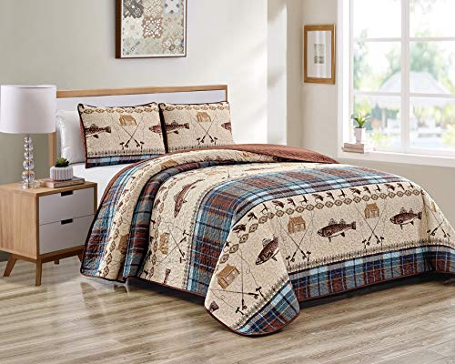 River Fly Fishing Rustic Cabin Lodge Quilt Bedspread Bedding Set with Fishing and Southwestern Plaid Tweed Patterns Blue Brown - River Lodge (King / Cal-King)