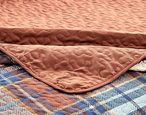 River Fly Fishing Rustic Cabin Lodge Quilt Bedspread Bedding Set with Fishing and Southwestern Plaid Tweed Patterns Blue Brown - River Lodge (King / Cal-King)