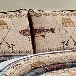 River Fly Fishing Rustic Cabin Lodge Quilt Bedspread Bedding Set with Fishing and Southwestern Plaid Tweed Patterns Blue Brown - River Lodge (King / Cal-King)