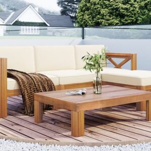 Quarte 5 Piece Outdoor Acacia Wood Sofa Set, X-Back Frames Design, Sectional Sofa Seating Group Set with Cushions