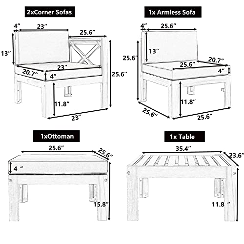 Quarte 5 Piece Outdoor Acacia Wood Sofa Set, X-Back Frames Design, Sectional Sofa Seating Group Set with Cushions