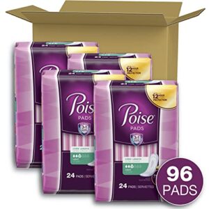 Poise Incontinence Pads for Women, Light Absorbency, Long Length, 96 Count (4 Packs of 24) (Packaging May Vary)