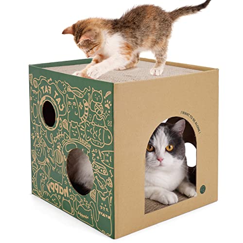 Cat Cardboard House with 2 Story Scratch Pads Cat Play House for Indoor Cats Corrugated Scratcher Box Cat Scratching Toy for Cat Birthday, Hideout for Bunny Small Animals.