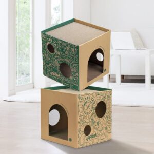 Cat Cardboard House with 2 Story Scratch Pads Cat Play House for Indoor Cats Corrugated Scratcher Box Cat Scratching Toy for Cat Birthday, Hideout for Bunny Small Animals.