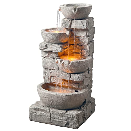 Teamson Home Water 4 Tiered Bowls Floor Stacked Stone Waterfall Fountain with LED Lights and Pump for Outdoor Patio Garden Backyard Decking Décor, 33 inch Tall, Gray