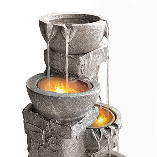 Teamson Home Water 4 Tiered Bowls Floor Stacked Stone Waterfall Fountain with LED Lights and Pump for Outdoor Patio Garden Backyard Decking Décor, 33 inch Tall, Gray