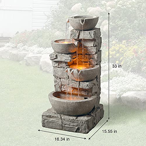 Teamson Home Water 4 Tiered Bowls Floor Stacked Stone Waterfall Fountain with LED Lights and Pump for Outdoor Patio Garden Backyard Decking Décor, 33 inch Tall, Gray