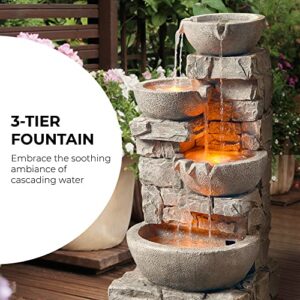 Teamson Home Water 4 Tiered Bowls Floor Stacked Stone Waterfall Fountain with LED Lights and Pump for Outdoor Patio Garden Backyard Decking Décor, 33 inch Tall, Gray