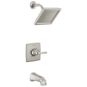 delta faucet geist 14 series tub and shower trim kit, shower faucet with single-spray brushed nickel shower head, shower faucet set complete, spotshield brushed nickel 144864-sp (valve included)