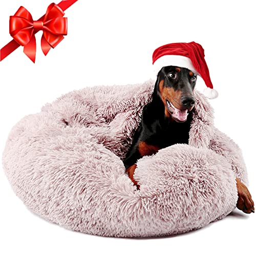 Himax Calming Dog Bed & Cat Bed, Fluffy Dog Bed with Blanket Attached, Round Dog Beds for Small, Medium Dogs and Cats (20"/26"/35")