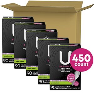 U by Kotex Barely There Thin Panty Liners, Light Absorbency, Long, Unscented, 450 Count (5 Packs of 90) (Packaging May Vary)