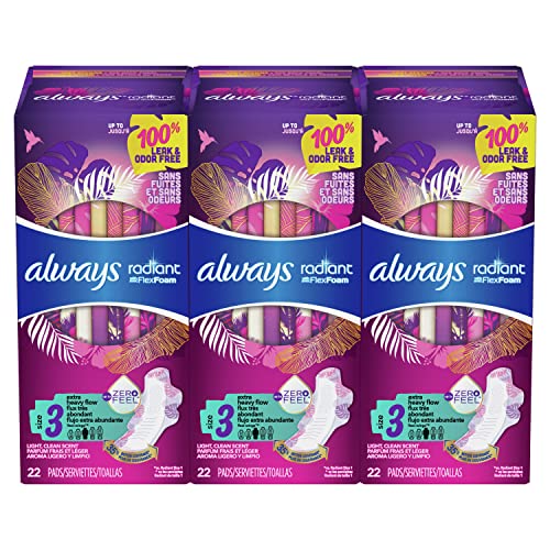 Always Radiant Feminine Pads For Women, Size 3 Extra Heavy Flow Absorbency, With Flexfoam, With Wings, Unscented, 66 Count