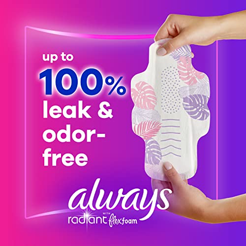 Always Radiant Feminine Pads For Women, Size 3 Extra Heavy Flow Absorbency, With Flexfoam, With Wings, Unscented, 66 Count