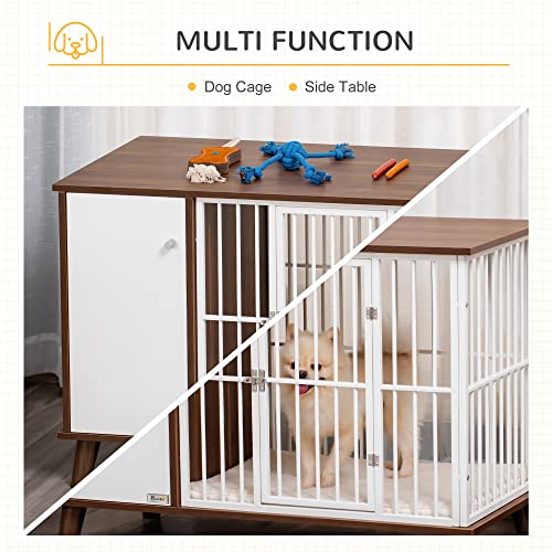 PawHut Wooden Dog Kennel, End Table Furniture with Cushion & Lockable Magnetic Doors, Small Size Pet Crate Indoor Puppy Cage, Grey