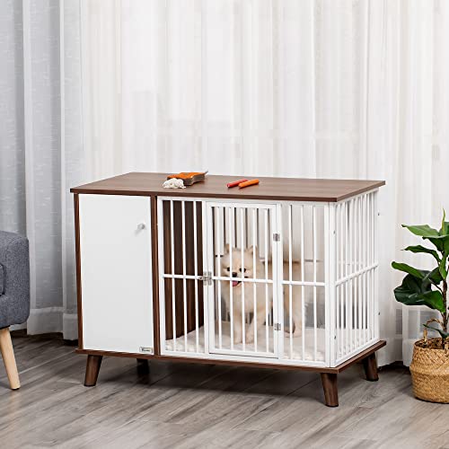 PawHut Wooden Dog Kennel, End Table Furniture with Cushion & Lockable Magnetic Doors, Small Size Pet Crate Indoor Puppy Cage, Grey