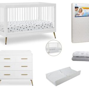 Delta Children Sloane Crib 7-Piece Baby Nursery Furniture Set–Includes: Convertible Crib, Dresser, Changing Top, Crib Mattress, Fitted Sheets, Toddler Guardrail & Changing Pad, White w/Melted Bronze