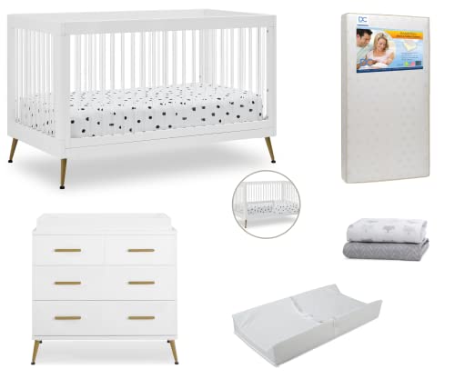 Delta Children Sloane Crib 7-Piece Baby Nursery Furniture Set–Includes: Convertible Crib, Dresser, Changing Top, Crib Mattress, Fitted Sheets, Toddler Guardrail & Changing Pad, White w/Melted Bronze