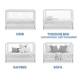 Delta Children Sloane Crib 7-Piece Baby Nursery Furniture Set–Includes: Convertible Crib, Dresser, Changing Top, Crib Mattress, Fitted Sheets, Toddler Guardrail & Changing Pad, White w/Melted Bronze