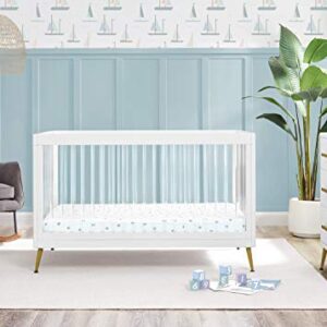 Delta Children Sloane Crib 7-Piece Baby Nursery Furniture Set–Includes: Convertible Crib, Dresser, Changing Top, Crib Mattress, Fitted Sheets, Toddler Guardrail & Changing Pad, White w/Melted Bronze